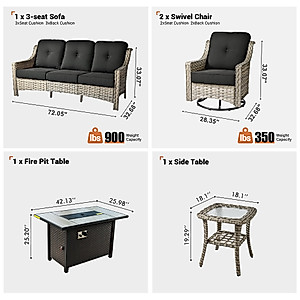 ovios Outdoor 5 Piece Patio Furniture with Fire Pit Table,Wicker Coversation Set with Swivel Rocking Chair,Comfy Sectional Deep Sofa for Outside Porch Balcony Backyard Pool,Black