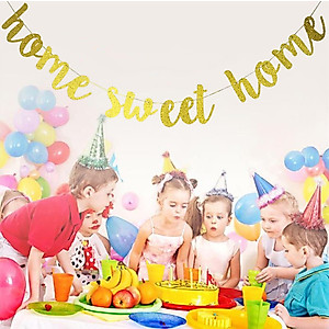 Starsgarden Glitter Gold Home Sweet Home Banner for Housewarming Patriotic Military Decoration Family Party Supplies Cursive Bunting Photo Booth Props Sign(Gold Sweet Home)