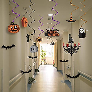 Unomor Halloween Decorations Indoor Hanging Swirls for Haunted House Decor Ceiling Swirl Decoration Included Bats, Spider, Ghost, Pumpkin, 3D Chandelier (30 Piece)