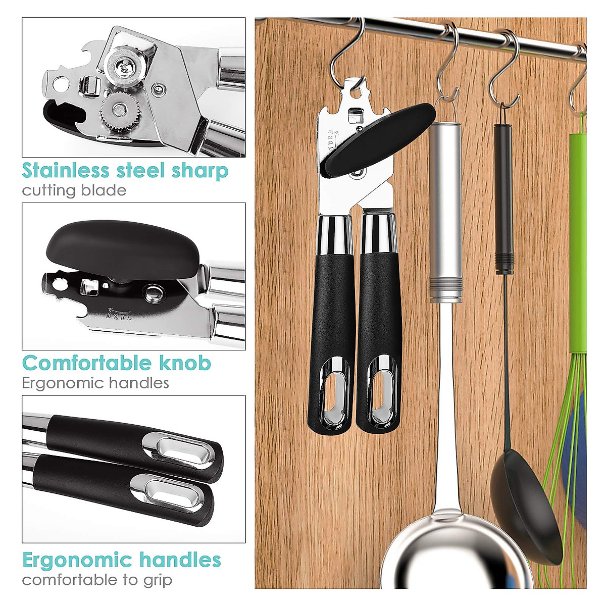 Can Opener, Kitchen Aid Can Opener Manual Smooth Edge Food Safety Cut 3-in-1 Can Openers Bottle, Can Opener Handheld with Bottle Opener, Easy to Use