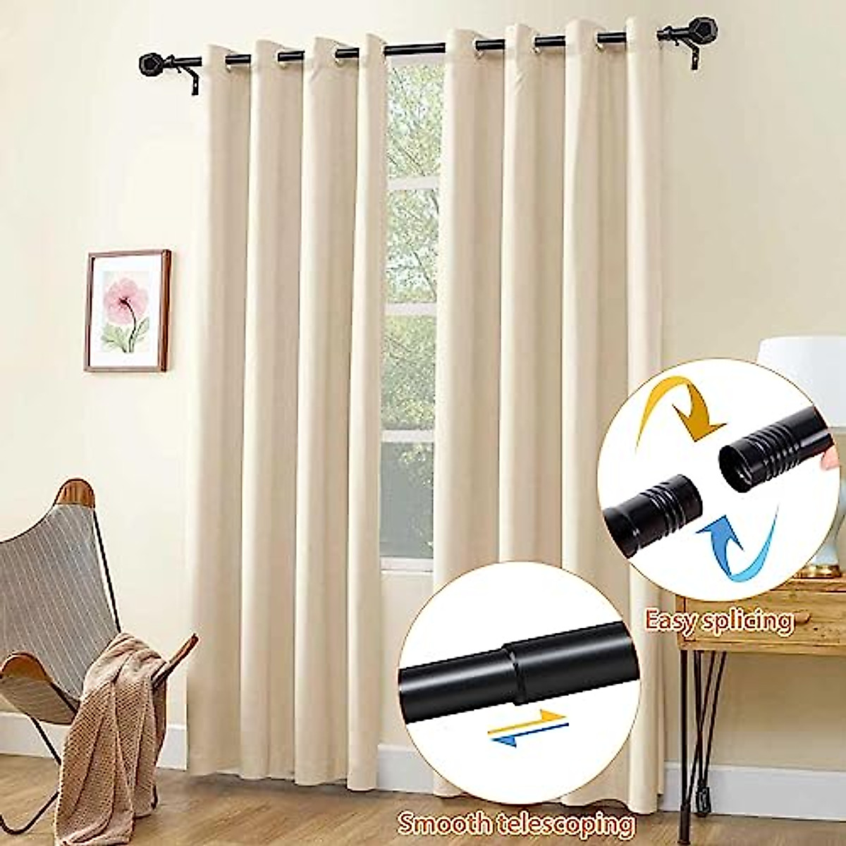 TONIAL 3/4 Curtain Rods 32 to 58 Inch(2.6-4.8ft), Telescoping Splicing Drapery Rods for Windows 20 to 53 Inch(1.7-4.4ft), Decorative Single Rod with GeometricFinial, Black