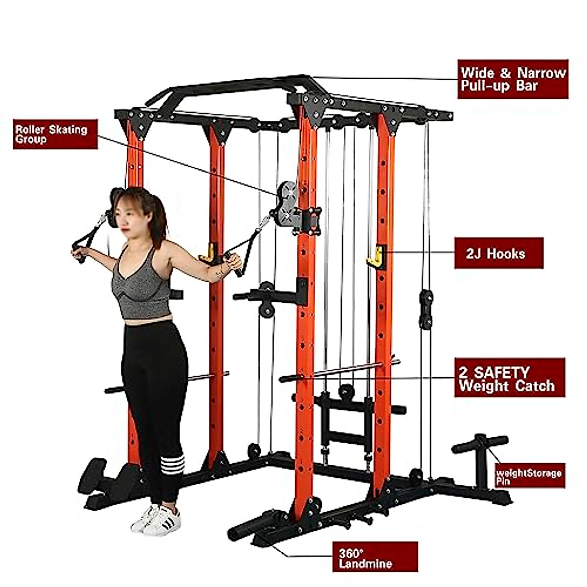 HAUSHECK Squat Rαck with Pull Up Bar, LAT Pulldown, Weight Cαge, Cable Crossover, J-Hooks, Dip Handles, 1400lbs Power Cage with Training Attachment, Multi-Functional Powēr Racks for Home Gym, Orange A
