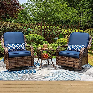 PHI VILLA Oversized Outdoor Swivel Rocker Patio Chairs Set 3 Piece with 1 Table and 2 Heavy-Duty Rocking & Swivel Chairs Support 350lbs Rattan Navy Blue Outdoor Furniture Patio Conversation Set