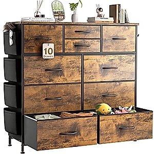 YaFiti 10 Drawer Dresser, Chest of Drawers for Bedroom, Fabric Dresser Drawers with Side Pockets, Hooks, Wooden Top and Sturdy Metal Frame for Living Room, Closet, Hallway, Nursery (Rustic Brown)