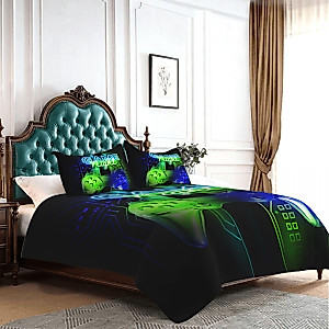 Green and Blue Gaming Duvet Cover Set Queen Size,Gamer Comforter Set for Boys,Video Game Controller Comforter for Boys/Kids 3D Gamepad Microfiber Bedding Sets 3 Pieces,1 Duvet Cover and 2 Pillowcases