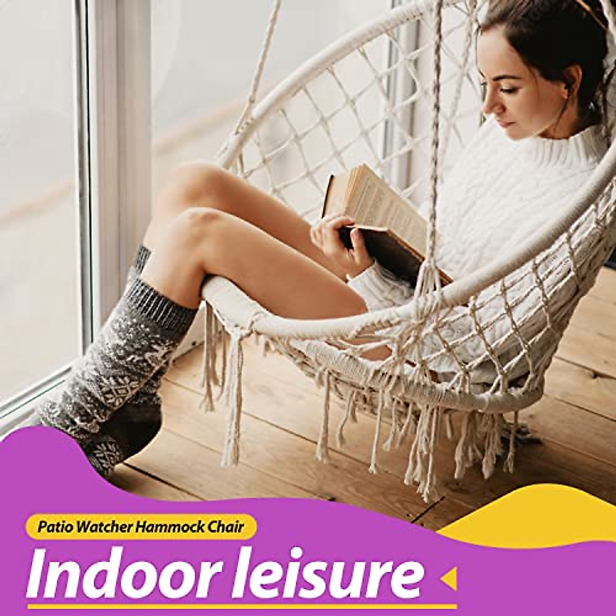 Patio Watcher Hammock Chair Hanging Macrame Swing with Cushion and Hardware Kits, Max 330 Lbs, Handmade Knitted Mesh Rope Swing Chair for Indoor, Outdoor, Bedroom, Patio, Yard, Deck, Garden, Beige