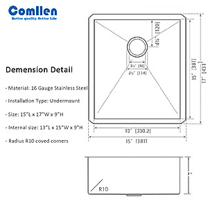 Comllen 15 x 17 inch Black Bar Sink Undermount，Black Stainless Steel Wet Bar Prep Sink Small Kitchen Sink Single Bowl RV Sink with Bottom Grid and Strainer-KYL001B