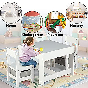 Kinder King Kids Wood Table & 2 Chairs Set, 3 in 1 Children Activity Table w/Storage, Removable Tabletop, Blackboard, 3-Piece Toddler Furniture Set for Art, Crafts, Drawing, Reading, Playroom, Grey