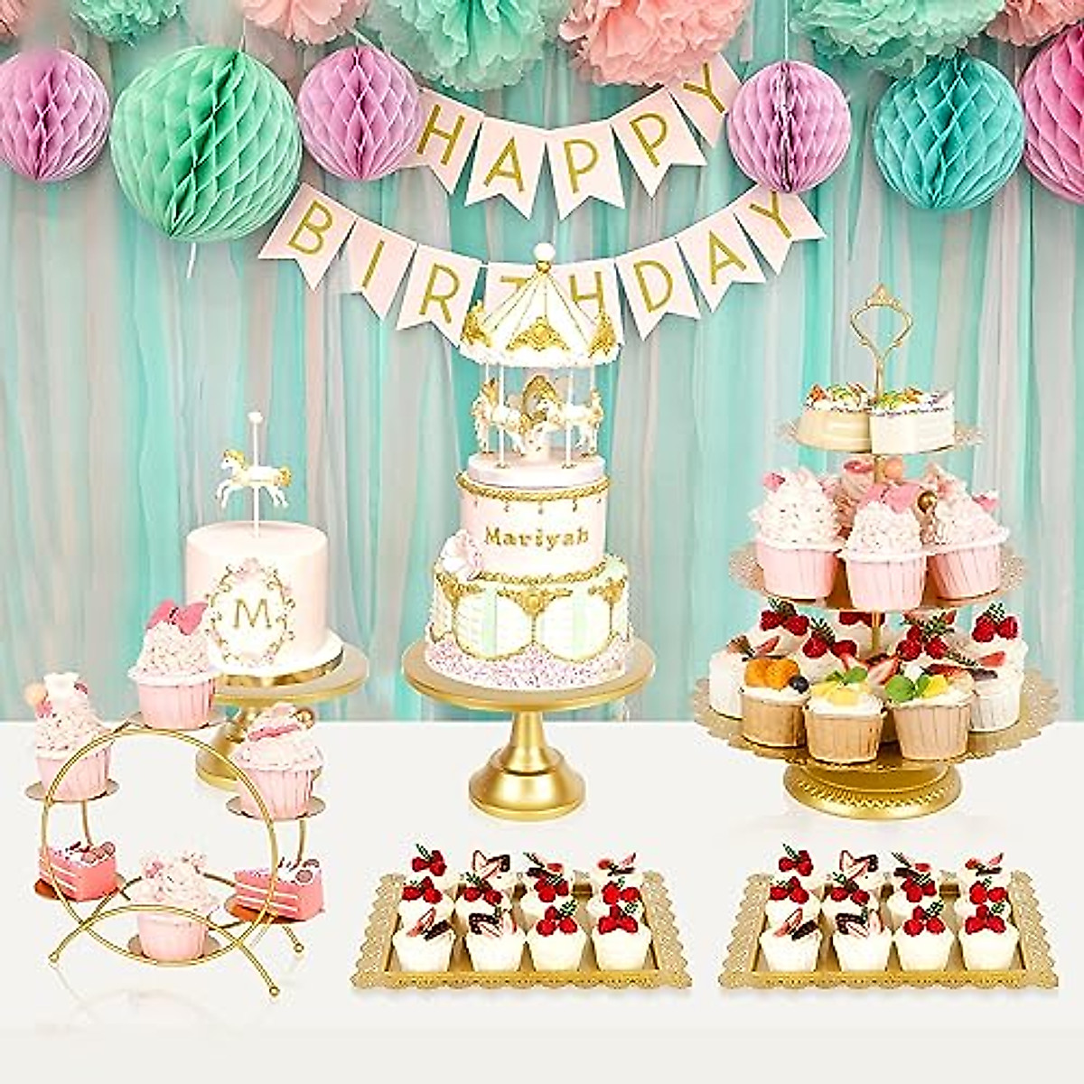 7Pc Cake Stand Set Gold Metal Dessert Table Display Round Tiered Gold Cupcake Stand Macaron Ferris Wheel Holder Cookies Serving Trays Fruit Plates for Tea Party Wedding Birthday Baby Shower Decoration