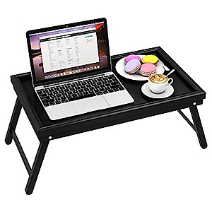 Bed Breakfast Tray Table Serving Lap Food TV Dinner for Eating with Folding Legs Black Bamboo