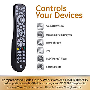 GE UltraPro Backlit Universal Remote Control, Samsung TV Remote, Universal TV Remote for Roku TV, Vizio, LG, Sony, Sharp, Apple TV, Smart TVs, Streaming Players, Blu-ray, DVD, 8-Device, Black, 41567