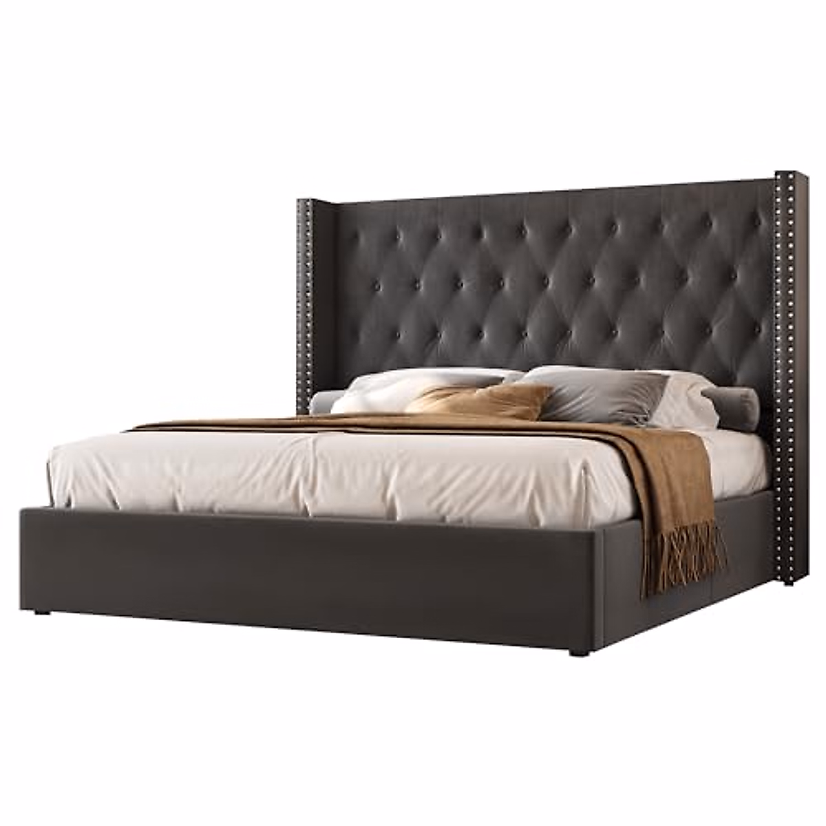 VanAcc Queen Bed Frame Lift Up Storage Bed with Headboard 50" Button Tufted Wingback/Hydraulic Lifting Storage Underneath/Wood Slats/Easy Assembly/Dark Grey