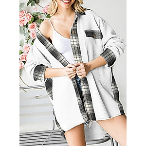 SHEWIN Womens Waffle Knit Plaid Shacket Button Down Shirts Jacket Boyfriend Shirts Long Sleeve Tops Fall Clothes for Women 2024 White S