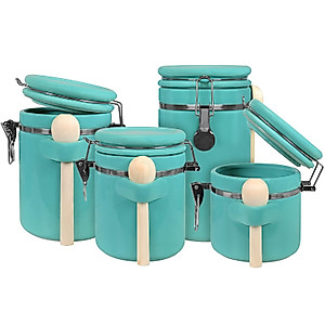 Blue Donuts 4-Piece Canister Sets for Kitchen Counter - Ceramic Airtight Food Storage Containers, Kitchen Canisters with 4 Wooden Spoons, Set of 4-45 Oz, 40 Oz, 33 Oz, 25 Oz, Turquoise