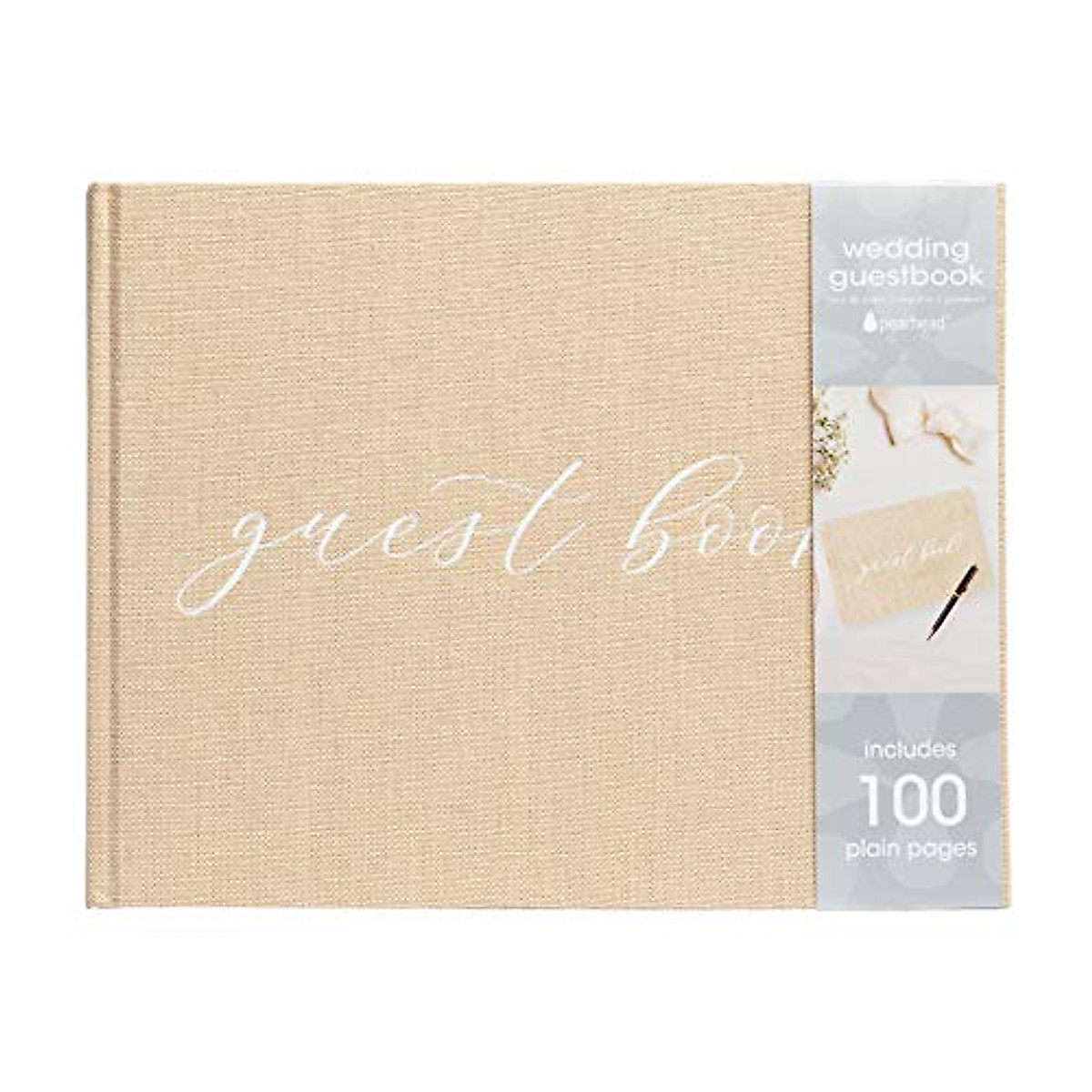 Pearhead Linen Beige Wedding Guest Book with White Script, Elegant Wedding, Rustic Wedding, Simple Wedding Décor, Bridal Shower Gift, Ivory