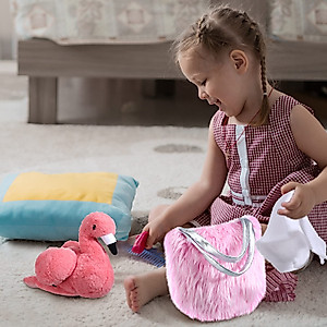 Kathfly 4 Pcs Pink Stuffed Flamingo Toy for Women Girls Gifts Mommy and Baby Flamingo Toy, Furry Bag and Doll Blanket, Cute Plush Flamingo Animal Set for Little Girl Birthday Party Favors