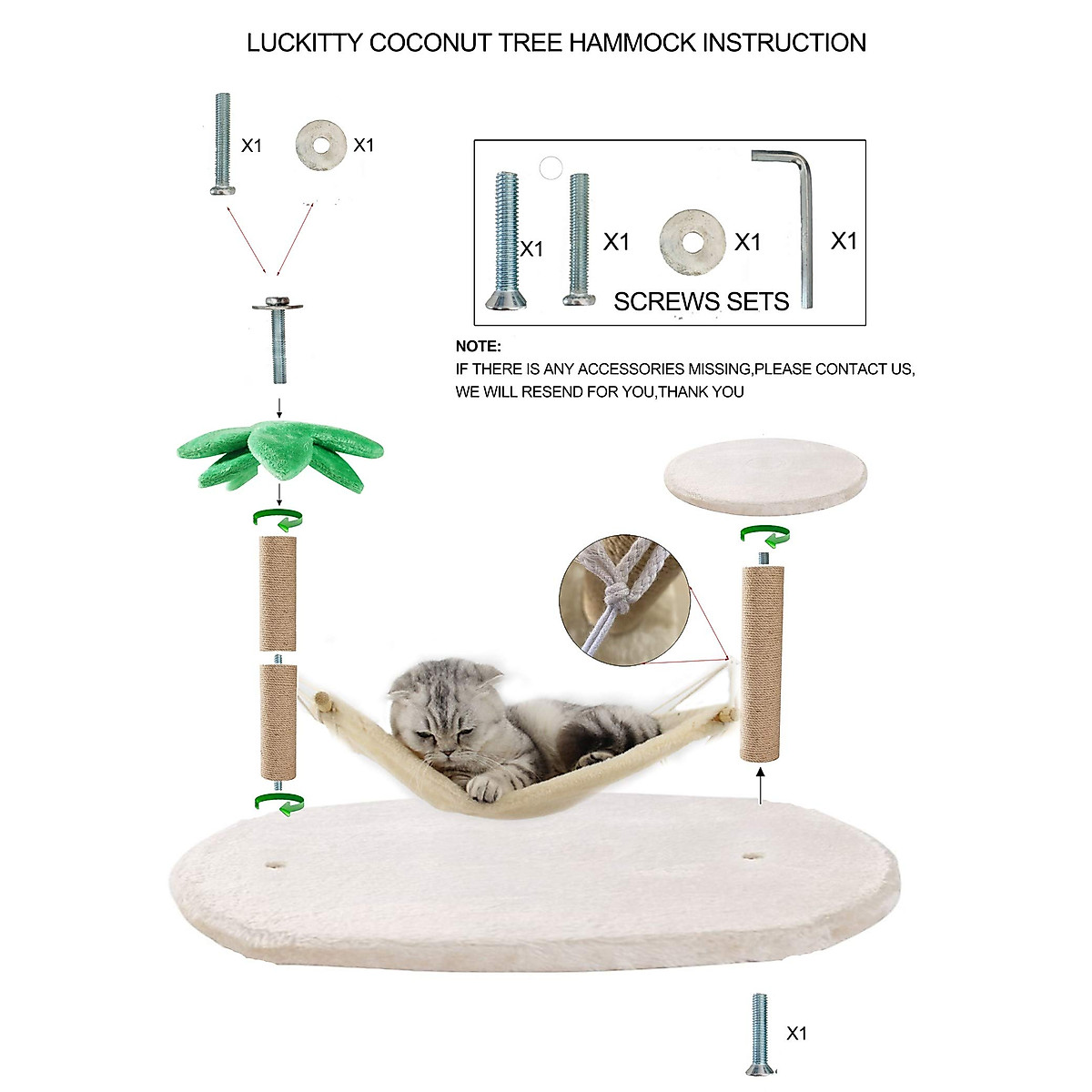 LUCKITTY Small Cat Scratching Posts Kitty Coconut Palm Tree-Cat Scratch Post for Cats and Kittens - Natural Jute Sisal Scratch Pole Cat Scratcher (Post &Hammock)