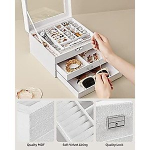 SONGMICS Jewelry Box, Lockable Jewelry Storage Organizer, Jewelry Case with Glass Window, for Rings, Earrings, Studs, Bracelets, Necklaces, White UJBC158W01