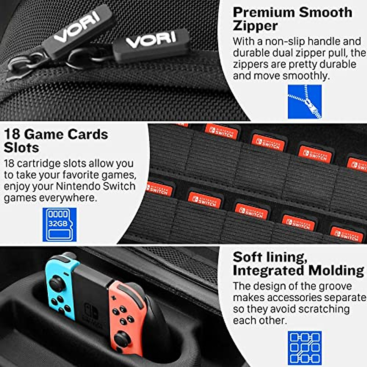 VORI Switch Carrying Case for Nintendo Switch and Switch OLED Model, Portable Full Protection Hard Shell Travel Storage Bag for Switch Console Pro Controller Accessories, Black