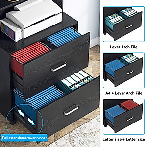 Tribesigns Vertical File Cabinet Modern Wood Filing Cabinet with 2 Large Drawer fit Letter/A4 Size, Large Printer Stand with 4 Open Storage Bookshelves for Home Office, Black