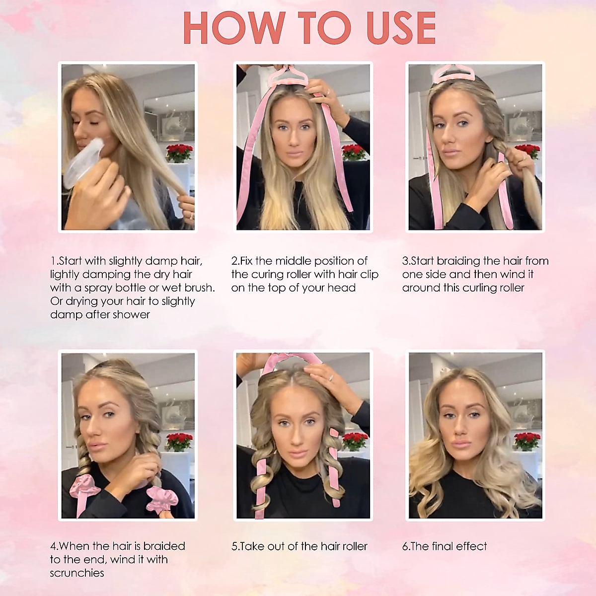 Xijiah-HAUKL Heatless Curling Rod Headband Hair Curlers to Sleep in Soft Silk Satin Absorbent Overnight curlers Long Hair curlers with Hair Clips can be Styled, Pink, 1, 1.0 Count