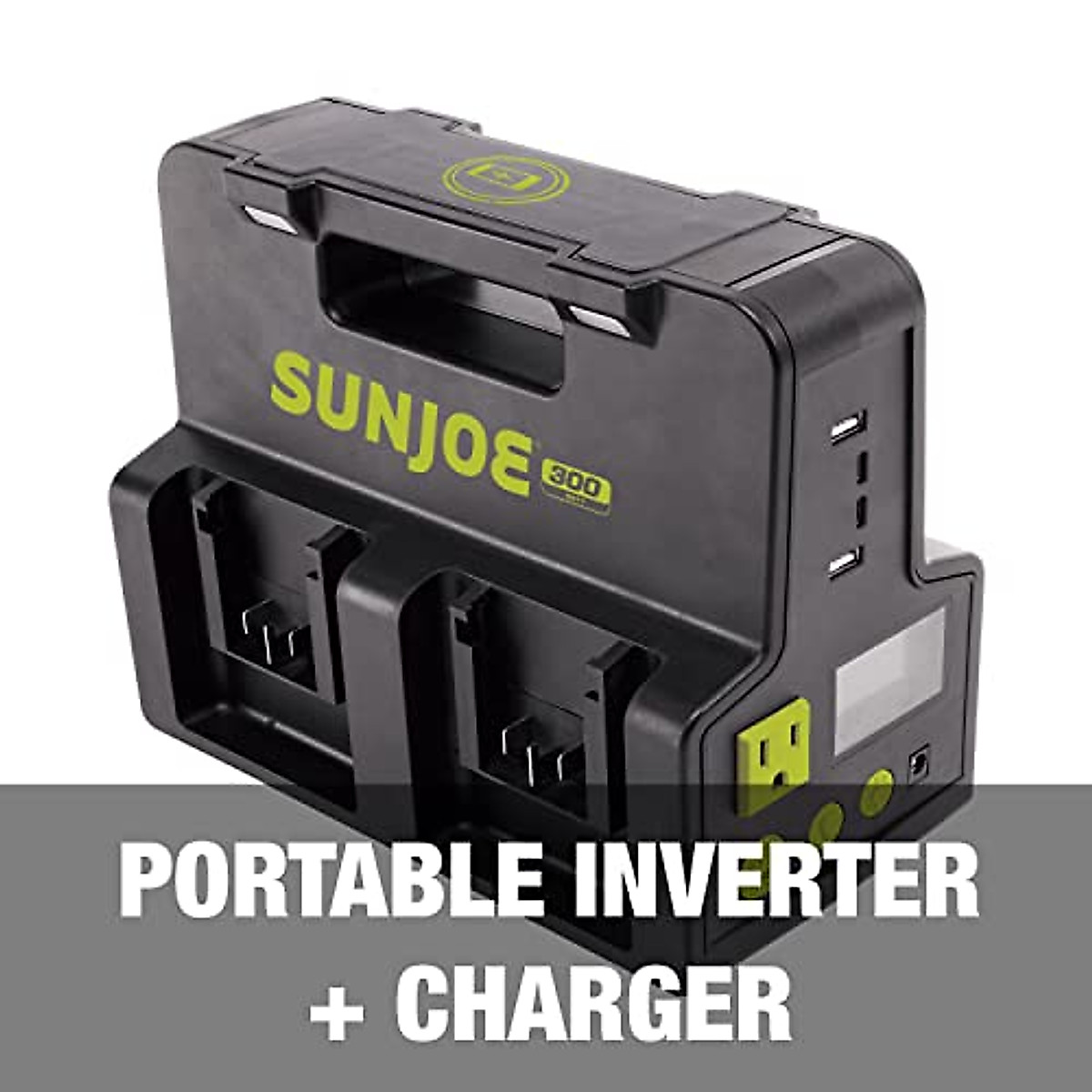 Sun Joe 24V-300WI 24-Volt iON+ Cordless Hot-Swap Powered Inverter Generator Power Station W/AC Adapter, 2.7-Amp AC Receptacle, 2X USB Type A &C, 3 Watt LED Spotlight