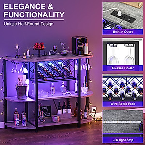 Unikito 4-Tier Metal Coffee Bar Cabinet with Outlet and LED Light, Freestanding Floor Table for Liquor Glass Holder Wine Rack Storage, Bakers Kitchen Dining Room, White Oak