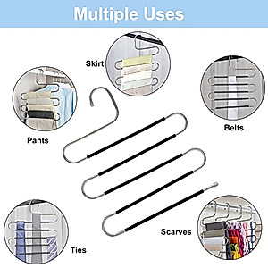 Fixwal Pants Hangers Space Saving, 5 Pack Non-Slip S-Shape Trousers Hangers, Black Stainless Steel Clothes Hangers for Jeans Scarf Leggings Skirts Ties(5 Pack with 25 Metal Clips