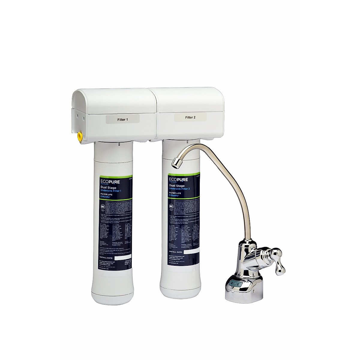 EcoPure ECOP20 Dual Stage Undersink Water Filtration System, 1 Count (Pack of 1), White