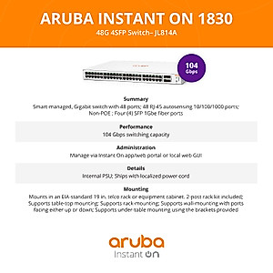 HPE Networking Instant On Switch Series 1830 48-Port Gb Smart-Managed Layer 2 Ethernet Switch | 48x 1G | 4X SFP | Fan-Less | US Cord (JL814A#ABA)