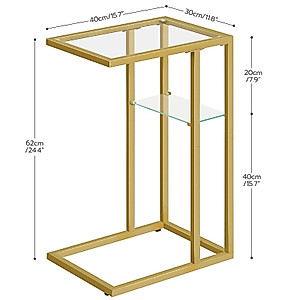 HOOBRO C Shaped End Table, Small Side Table for Couch and Bed, Tempered Glass Sofa Table with Metal Frame, Snack Accent Table for Small Place, Living Room, Bedroom, Gold GD08SF01