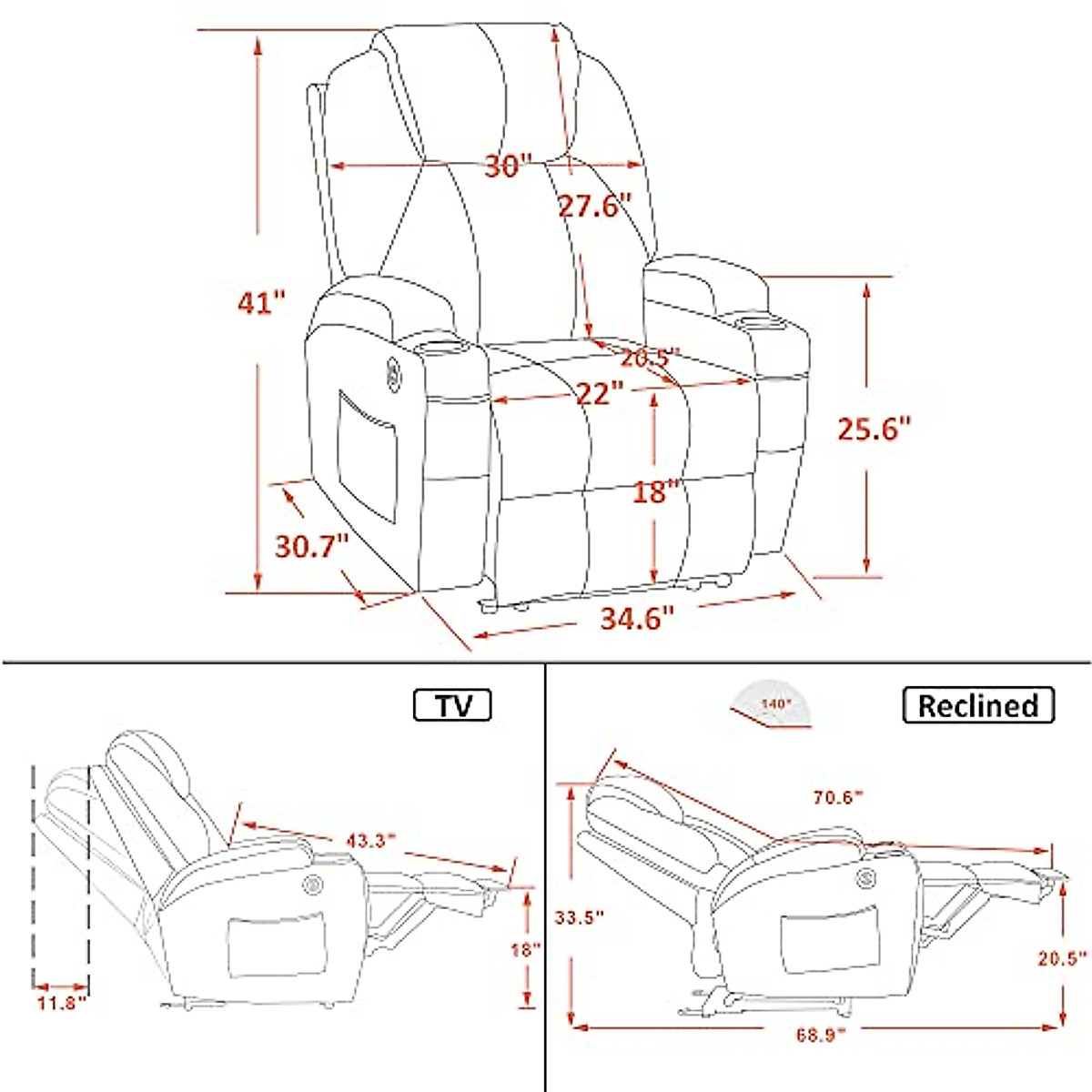 MCombo Electric Power Recliner Chair with Heat and Vibration, Footrest Extended, USB Charge Ports, 2 Side Pockets and Cup Holders, Faux Leather 7050 (Light Brown)