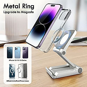 Portable Foldable Cell Phone Stand for Desk, Magnetic Adjustable Tablet Holder Mount for Office Desktop Compatible with iPhone 14/13/12 Magsafe, iPad, Universal Cellphone Dock with Metal Ring Sticker