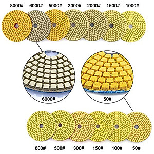 ADVcer 13pcs Diamond Polishing Pads, 4 inch Polish Pad 50 - 8000 Grit Wet Stone Polishing Kit with M10 Hook & Loop Backing Holder Disc for Granite Concrete Marble Quartz Countertop Tile Floor Polisher