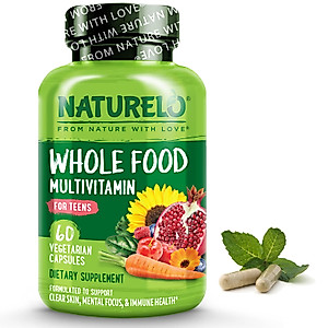 NATURELO Whole Food Multivitamin for Teens - Vitamins and Minerals for Teenage Boys and Girls - Supplement for Active Kids - with Organic Whole Foods - Non-GMO - Vegan & Vegetarian - 60 Capsules