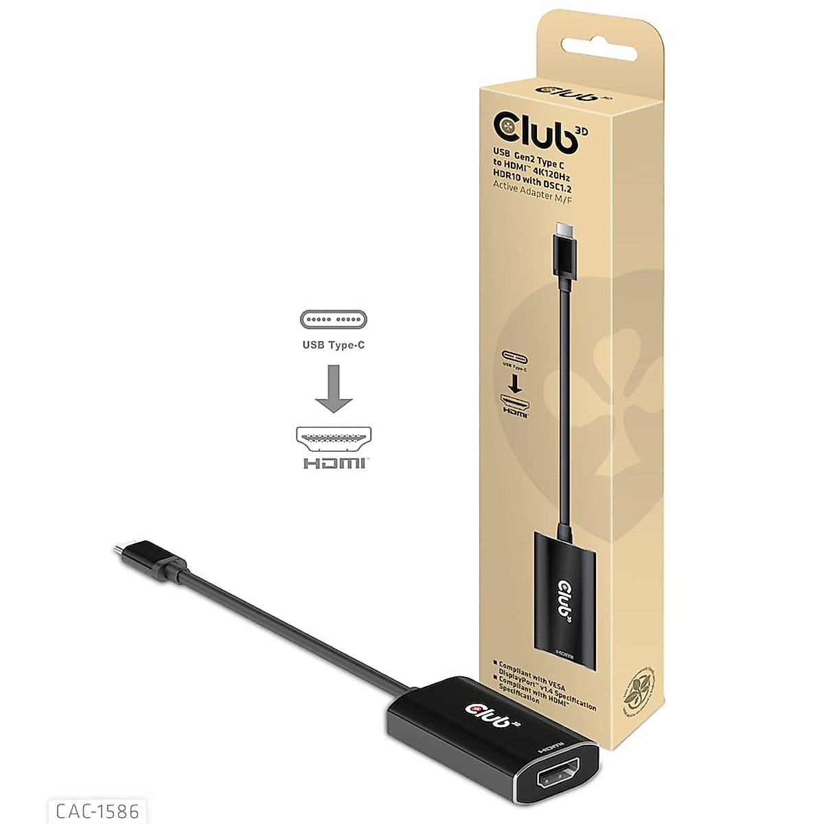 Club 3D USB Type-C to HDMI 4K 120Hz HDR10 with DSC 1.2 Active Adapter M/F CAC-1586