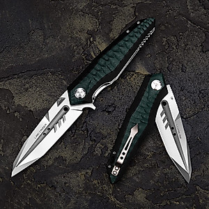 NEWOOTZ folding pocket knife with 4in d2 tool steel blade,liner lock g10 handle,edc camping hunting knives with clip for men and women (green)