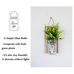 Mason Jar Lights, (Remote Control) Sconces Rustic Wall Decor - Hanging lamp LED Fairy Lights with Green Plant for Interior, Home, Room, Office, Kitchen, Bathroom Decoration Living (2PCS, Warm Light)