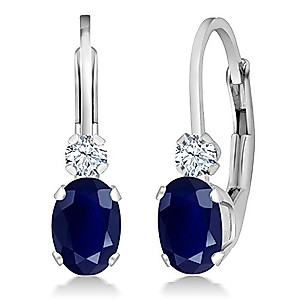 Gem Stone King 925 Sterling Silver Blue Sapphire and White Created Sapphire Leverback Earrings For Women (1.18 Cttw, Gemstone September Birthstone, Oval 6X4MM, Round 2MM, 3/4 Inch)