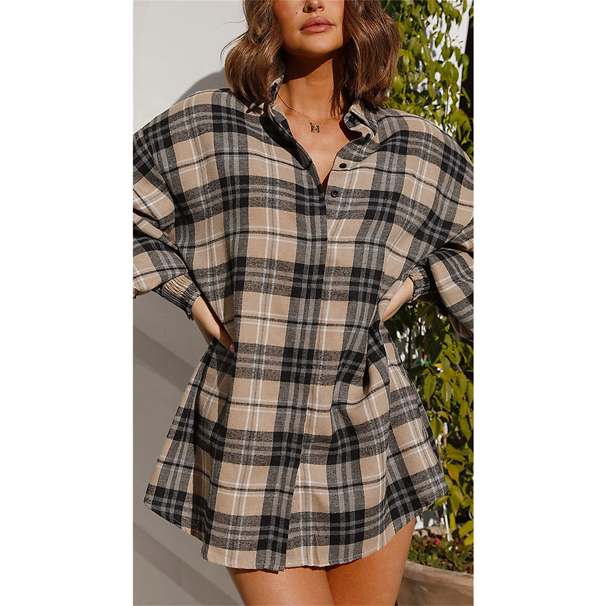Oversized Button Down Shirts Dress for Women Lapel Plaid Jacket Flannel Boyfriend Blouse Tops Beige and Gray XL