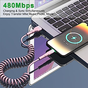 Coiled USB to Lightning Cable [MFi Certified], Apple Carplay Charger Cable for Car Data Sync, Coiled iPhone Charger iPhone Cable Pink, 2 Pack
