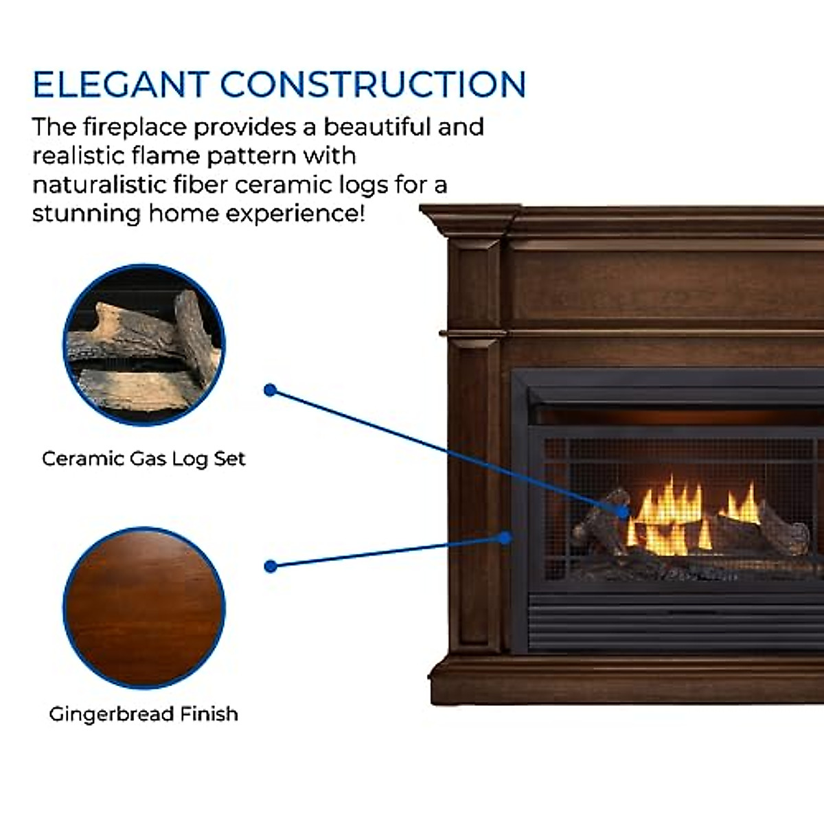 Duluth Forge Dual Fuel Ventless Gas Fireplace System with Mantle, Thermostat Control, 5 Fire Logs, Use with Natural Gas or Liquid Propane, 26000 BTU, Heats up to 1350 Sq. Ft., Gingerbread Finish