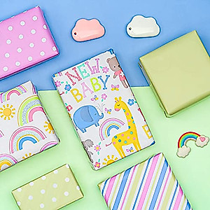 WRAPAHOLIC Reversible Baby Shower Wrapping Paper - Mini Roll - 3 Rolls - 17 Inch X 120 Inch Per Roll - Solid Green, Polka Dot, Stripes, Rainbows, Cute Animals & New Baby Lettering