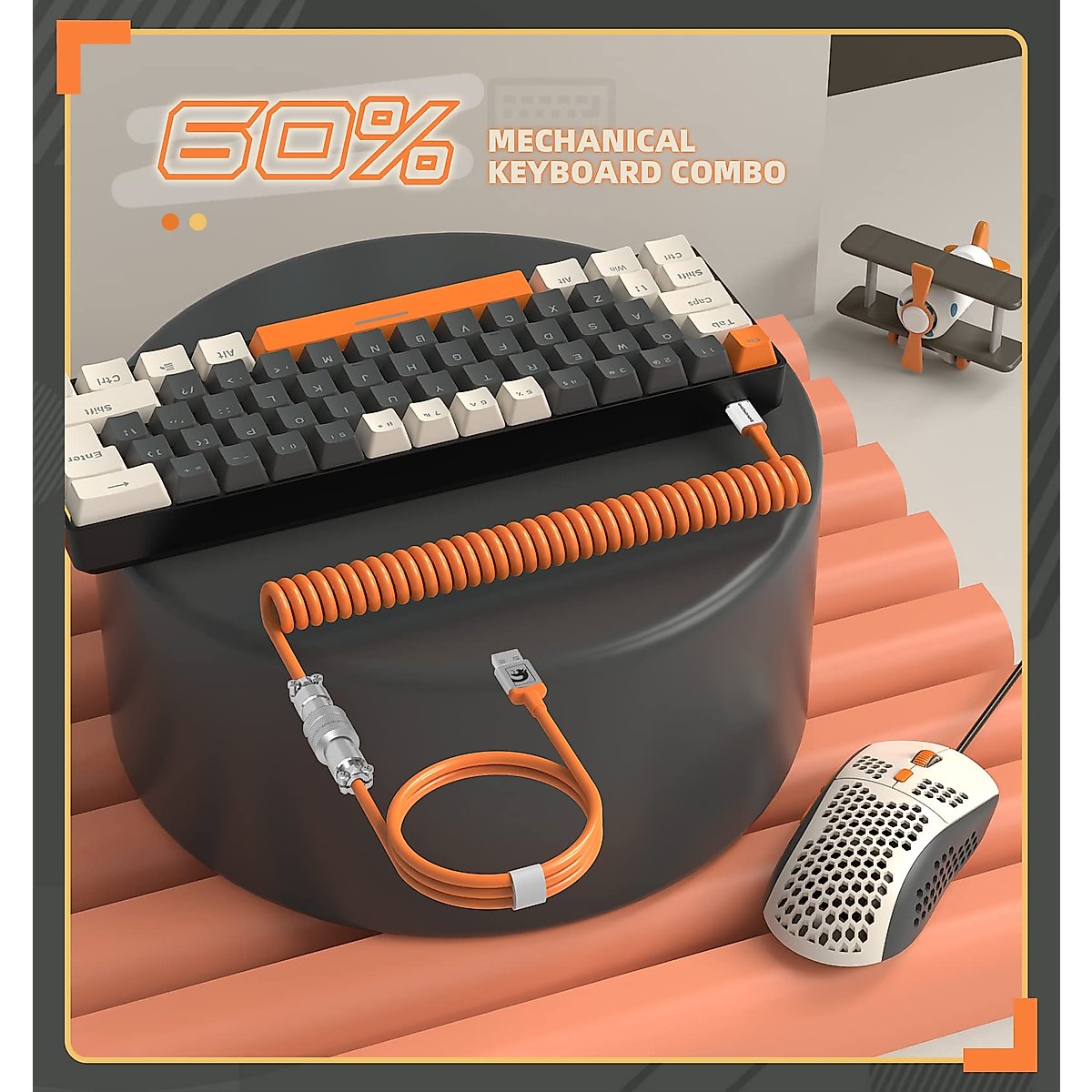 LexonElec T60PRO 60% Mechanical Keyboard and Mouse Combo+Coiled USB C Cable, Compact RGB LED Backlit Keyboard, Clicky Blue Switch, 6400 DPI Programmable RGB Mouse for PC Mac Gamer(Gray&Orange)