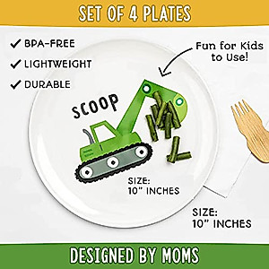 Tiny Expressions – Construction Plates for Toddlers - Set of 4 Melamine Plates for Kids - Mixer, Excavator, Bulldozer, and Dump Truck - Fun Plastic Plates for Kids