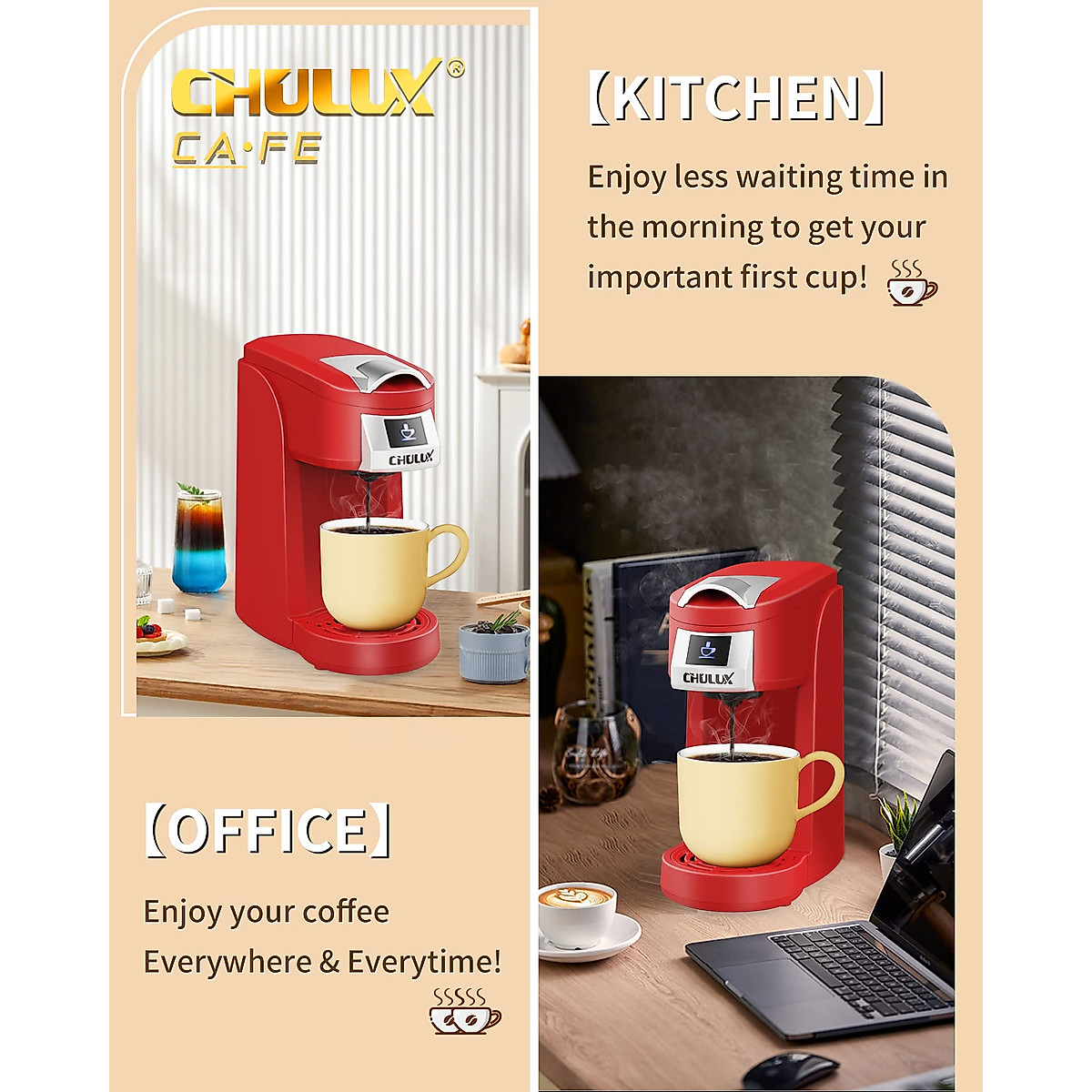 CHULUX Single Serve Coffee Maker, Red Single Cup Coffee Machine for K Cup & Ground Coffee, 5 to 12oz Brew Sizes in Mins for Home, Office, Travel, Kitchen