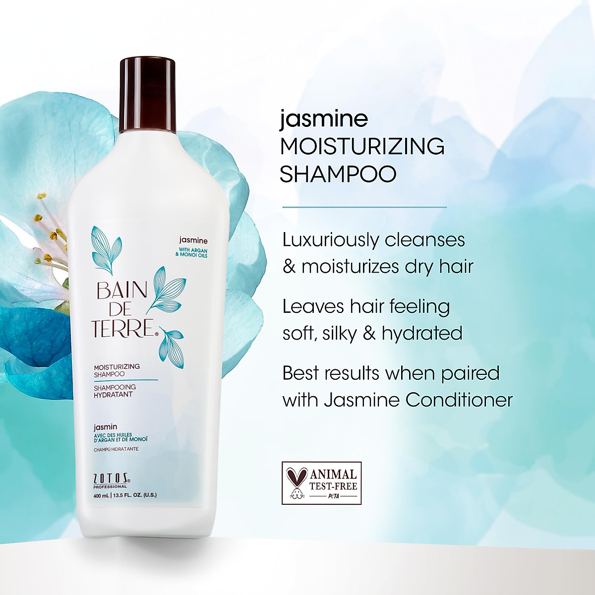 Bain de Terre Jasmine Moisturizing Shampoo, Luxurious Hydration for Dry Hair with Argan & Monoi Oils, Paraben-Free, Color-Safe, Vegan, 33.8 Fl Oz