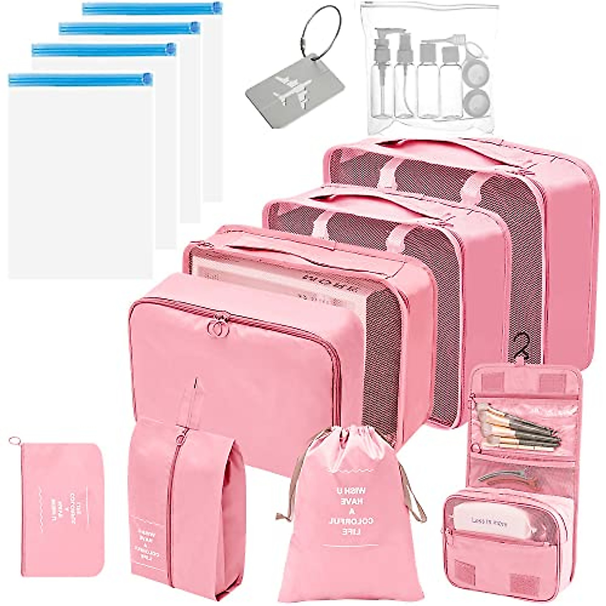 Travel Must Haves 8pcs Packing Cubes for Suitcases + 4pcs Compression Vacuum Storage Bags + Travel Dispenser Bottles Set, Packing Cubes for Carry on Suitcase Travel Essentials (pink)