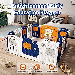 UNICOO Baby Early Education Playpen, Foldable Kids Fence, with Door Lock and Games Station Non-Slip Rubber Bases, Adjustable Shape, Portable Design for Indoor Outdoor Use (Dark Blue + White)