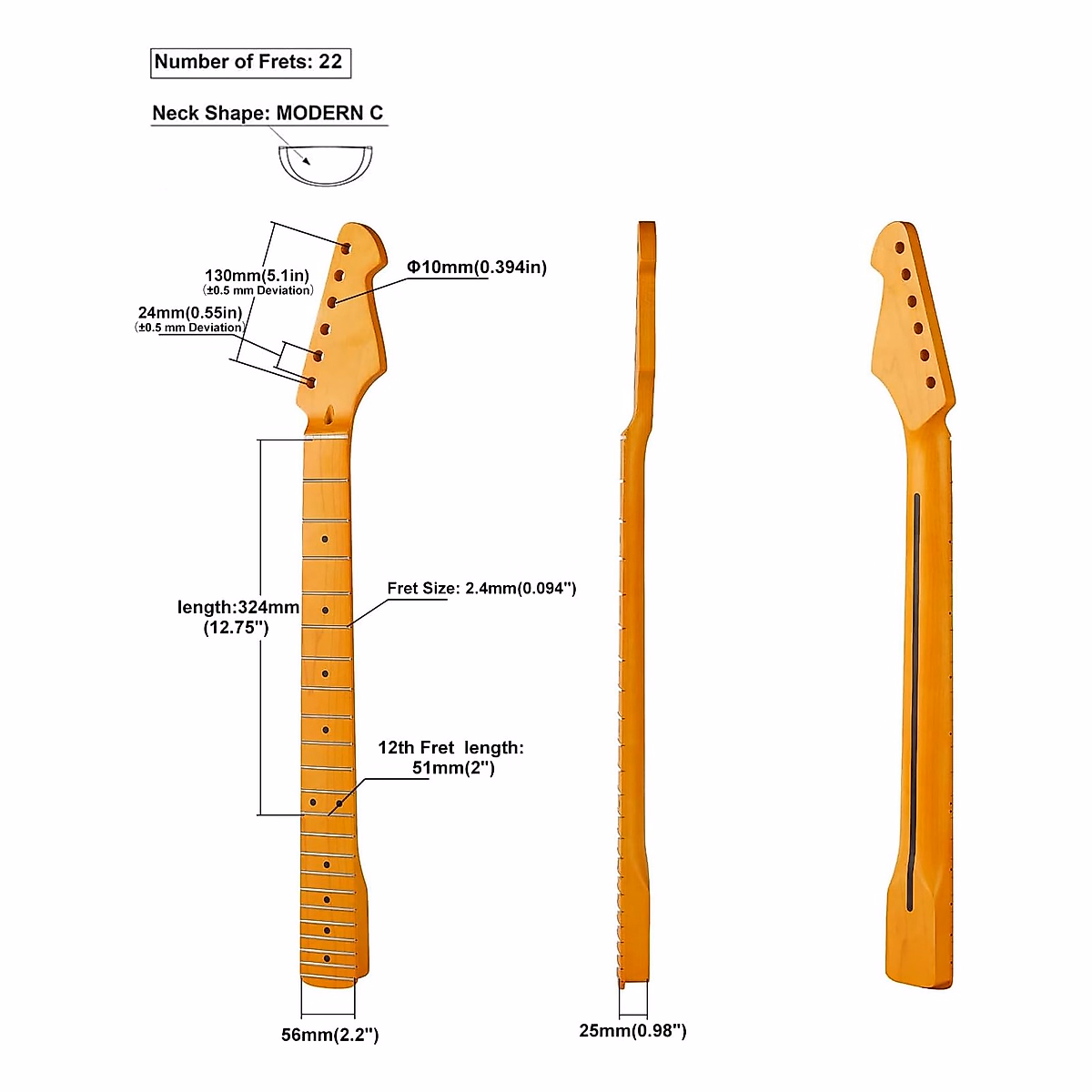 22fret Yellowish Matte Electric Guitar Neck ST Canadian Maple Electric Guitar Neck, Cow Bone Nut 9.5inch